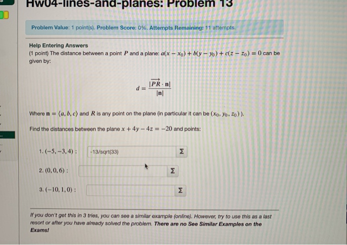 Solved HW04-lines-and-planes: Problem 13 Problem Value: 1 | Chegg.com