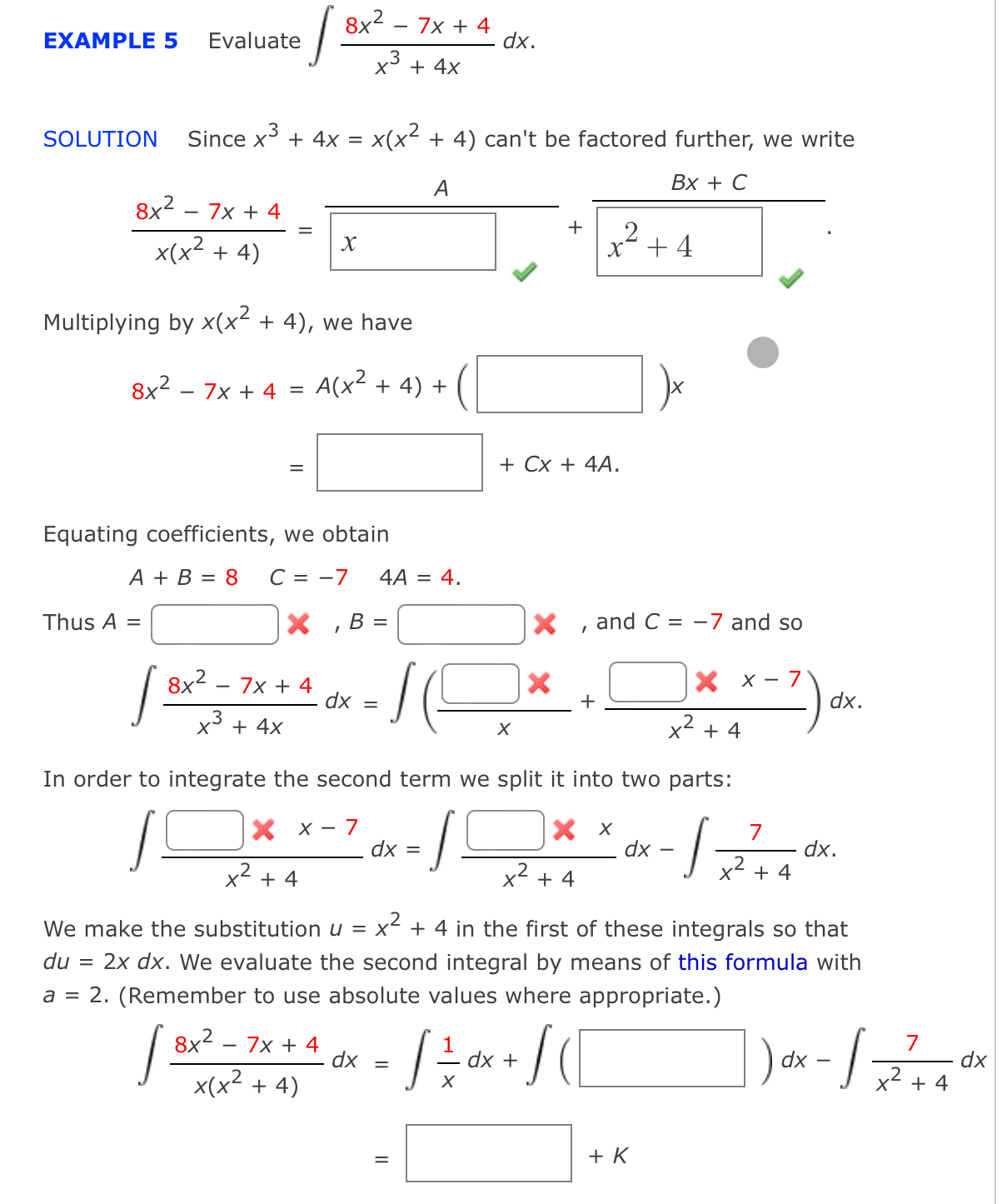 Solved EXAMPLE 5 ﻿Evaluate ∫﻿﻿8x2-7x+4x3+4xdx.SOLUTION Since | Chegg.com