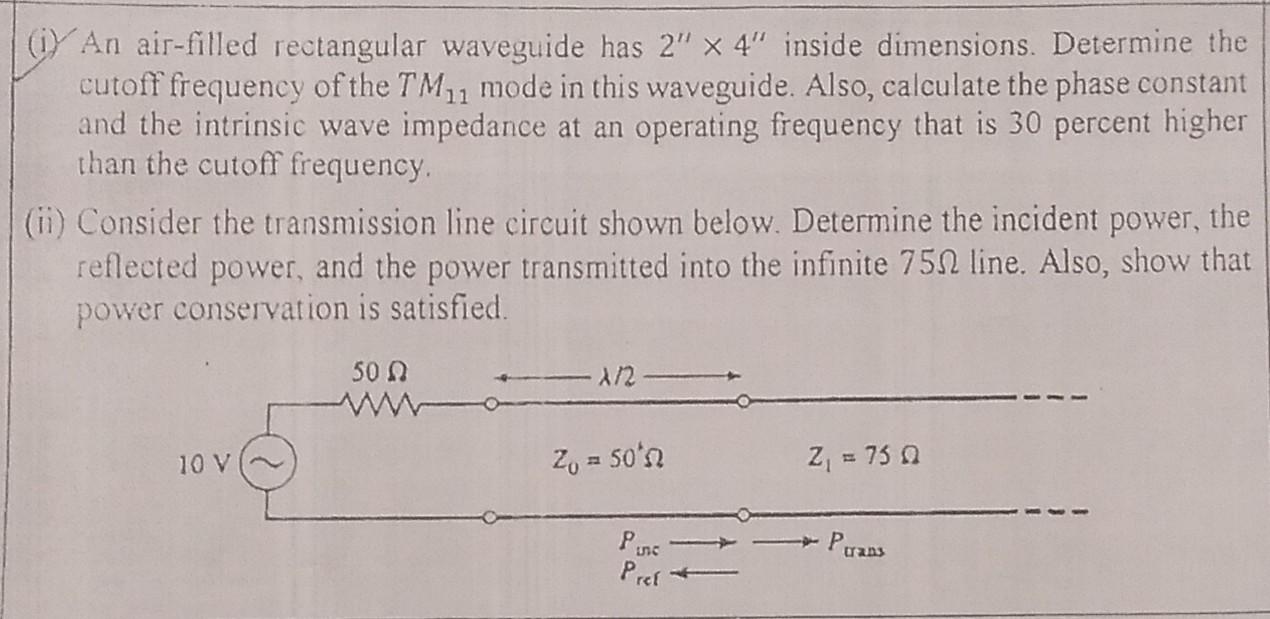 Solved I An Air Filled Rectangular Waveguide Has 2′′×4′′