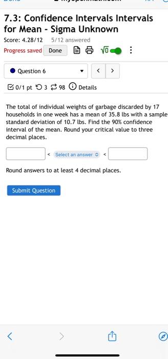 Solved 7.3: Confidence Intervals Intervals for Mean - Sigma | Chegg.com