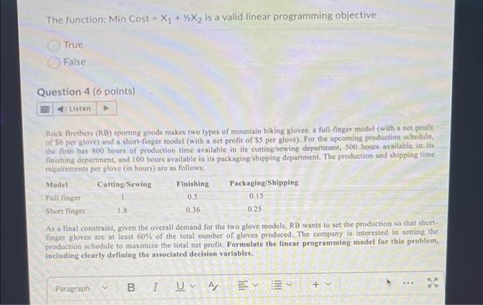 Solved The function: Min Cost =X1+y1X2 is a valid linear | Chegg.com
