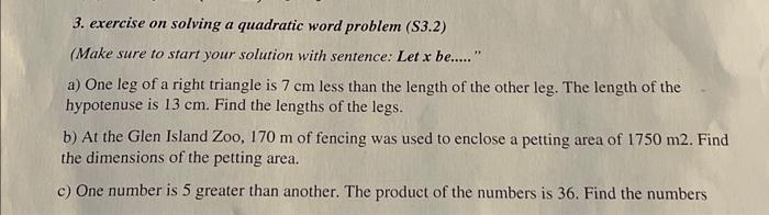 Solved 3. exercise on solving a quadratic word problem | Chegg.com