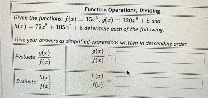 Solved Function Operations, Dividing Given the functions: | Chegg.com