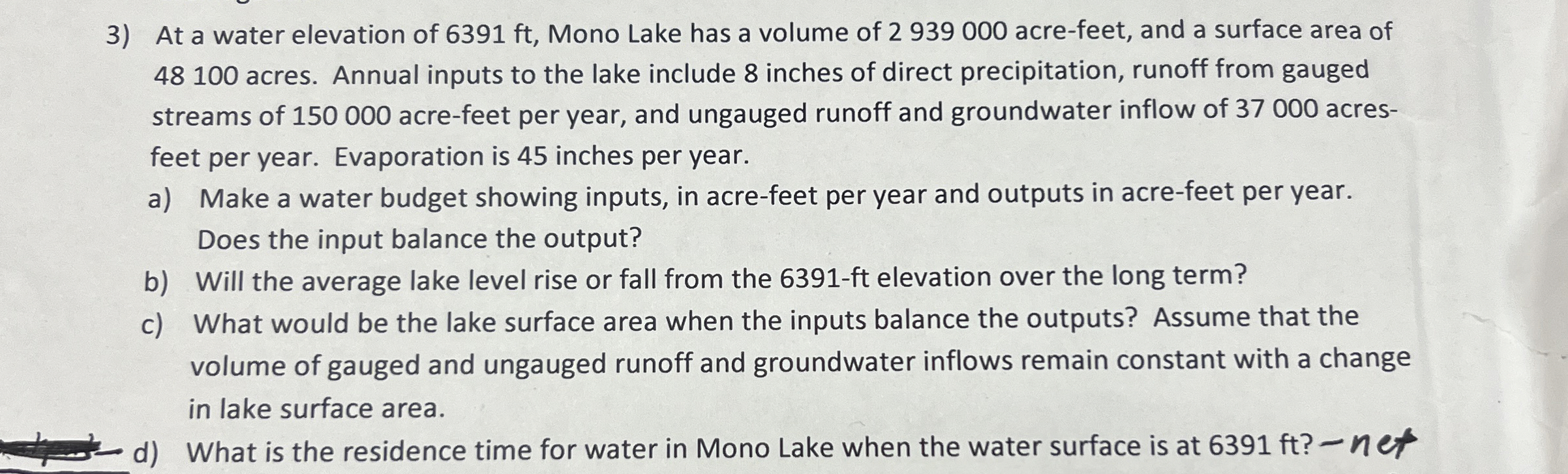 Solved At a water elevation of 6391 ﻿ft , ﻿Mono Lake has a | Chegg.com