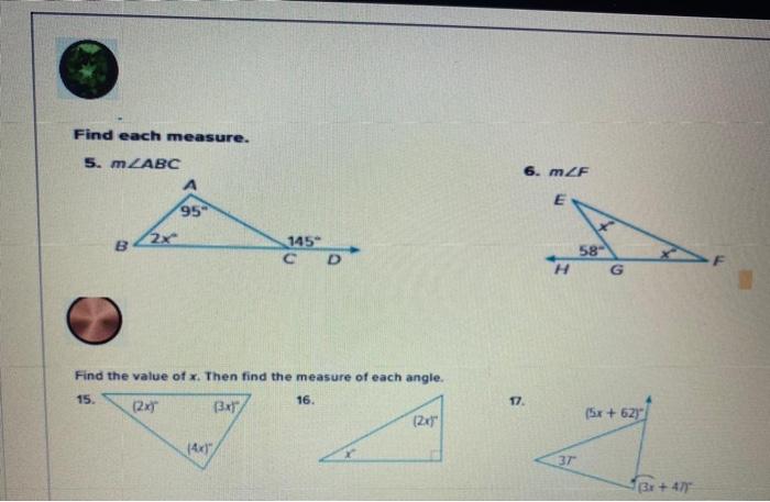 Solved Find each measure. 5. m∠ABC Find the value of x. Then | Chegg.com
