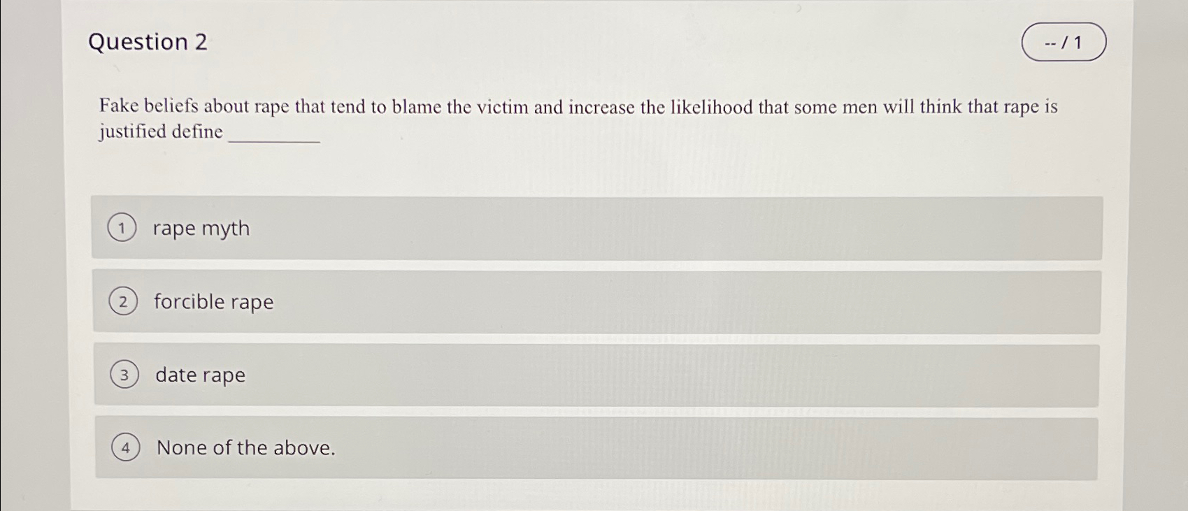 Solved Question 2--1Fake beliefs about rape that tend to | Chegg.com