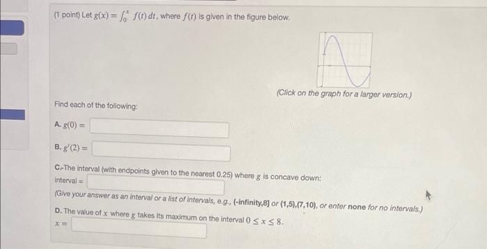 Solved (1 point) Let g(x)=∫0xf(t)dt, where f(t) is given in | Chegg.com