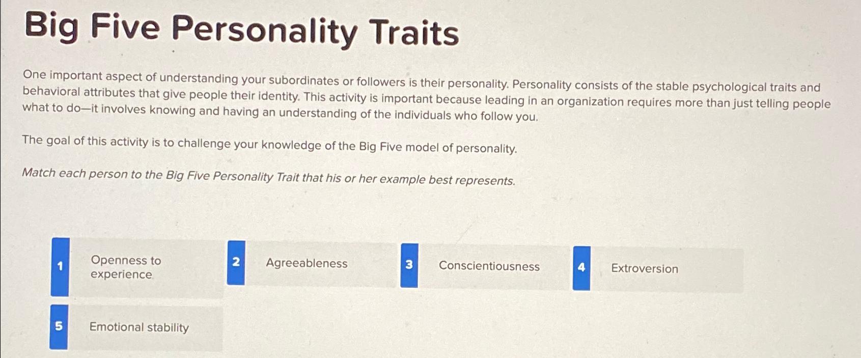 Solved Big Five Personality TraitsOne important aspect of | Chegg.com