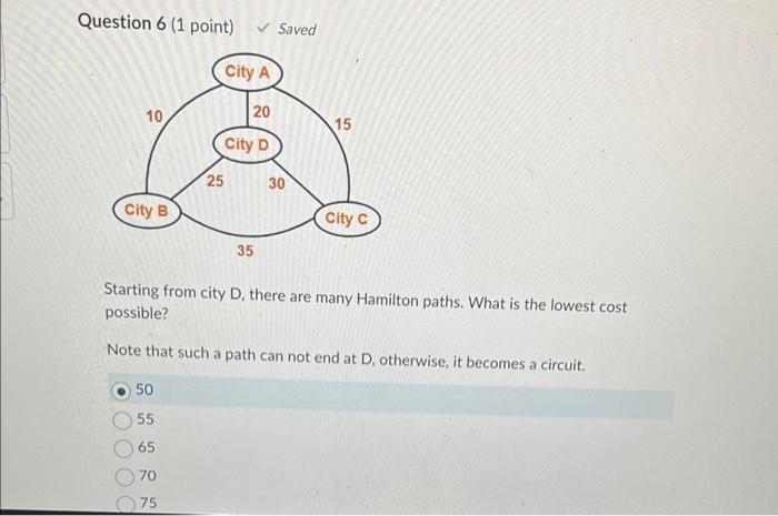 Solved Question 6 (1 point) Saved Starting from city D, | Chegg.com