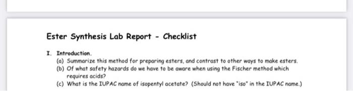 Solved Ester Synthesis Lab Report - Checklist I. | Chegg.com