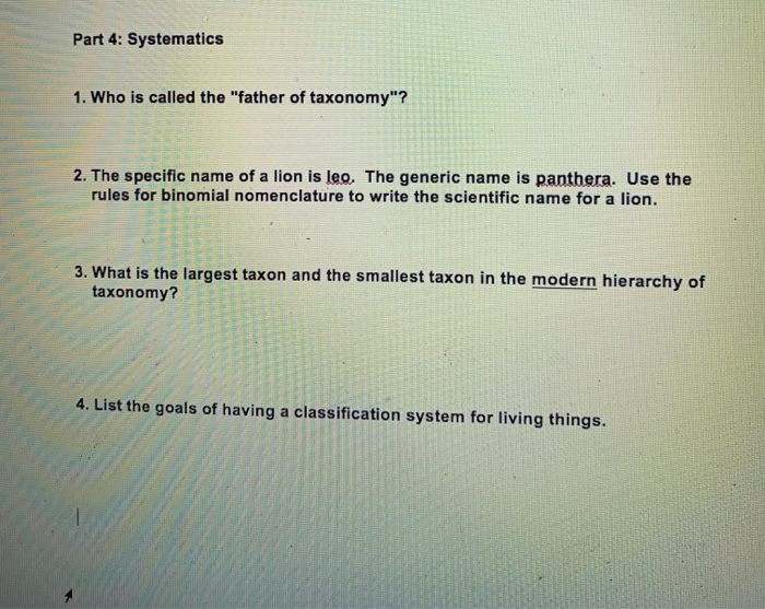 Solved Part 4: Systematics 1. Who is called the "father of | Chegg.com