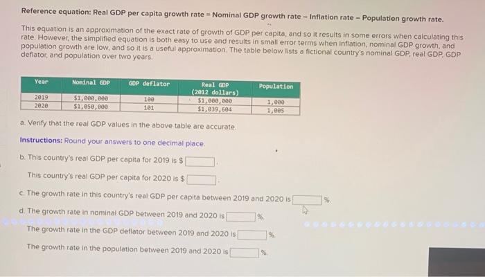 Solved Reference equation: Real GDP per capita growth rate = | Chegg.com