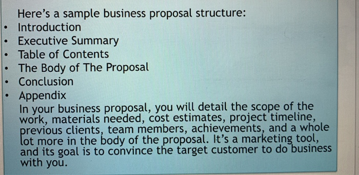 Here's a sample business proposal structure: | Chegg.com