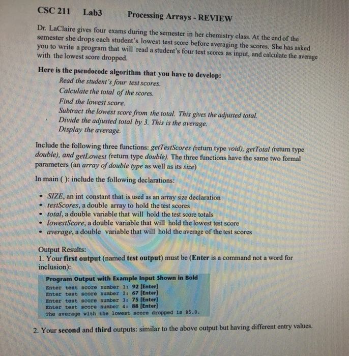 Solved CSC 211 Lab3 Processing Arrays - REVIEW Dr. LaClaire | Chegg.com