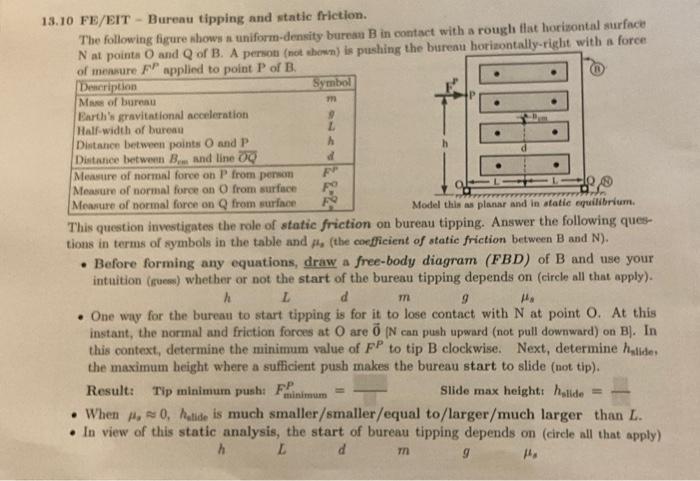 Solved 3.10 FE/EIT - Bureau tipping and static friction. The | Chegg.com