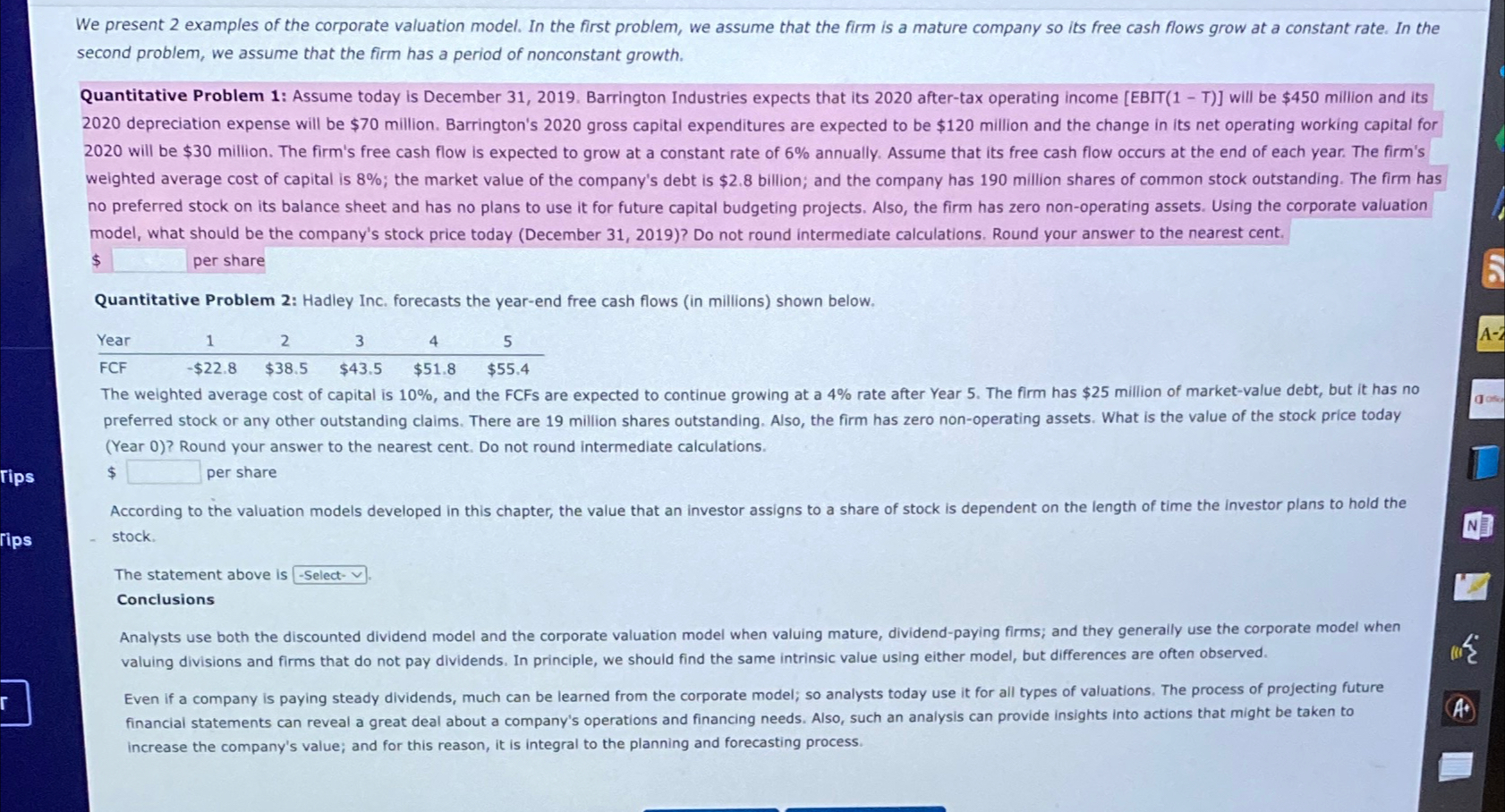 Solved We present 2 ﻿examples of the corporate valuation | Chegg.com