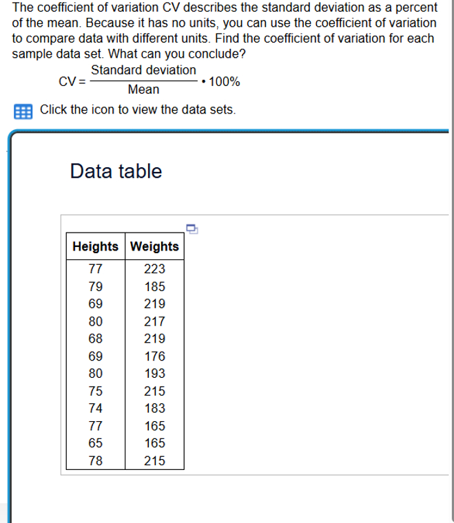 Solved The coefficient of variation CV describes the | Chegg.com