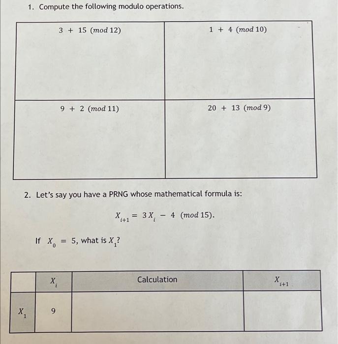 Solved 1. Compute the following modulo operations. 2. Let's | Chegg.com