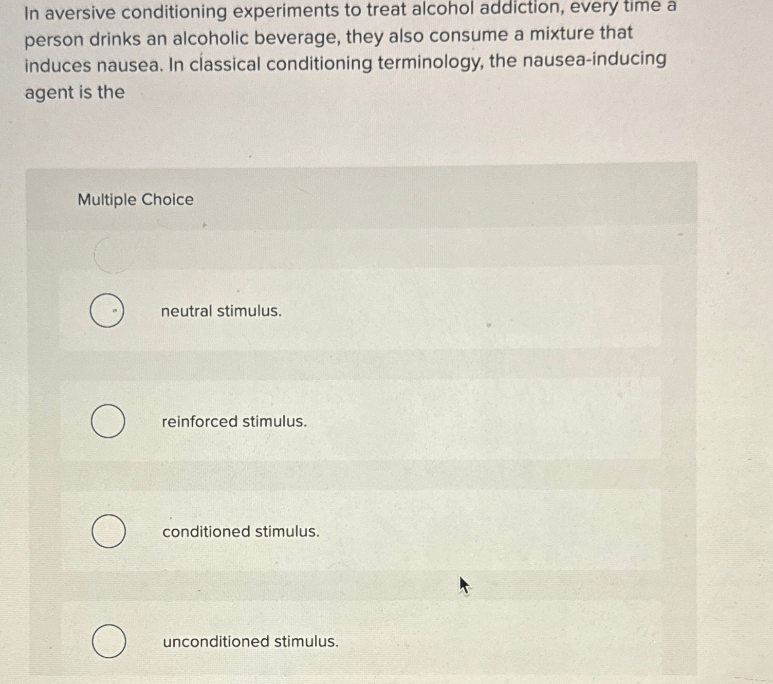 Solved In aversive conditioning experiments to treat alcohol | Chegg.com