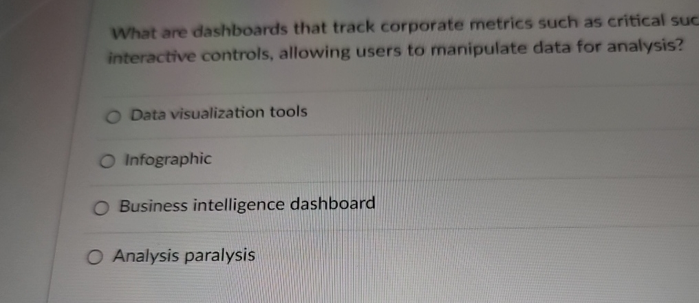 Solved What are dashboards that track corporate metrics such | Chegg.com