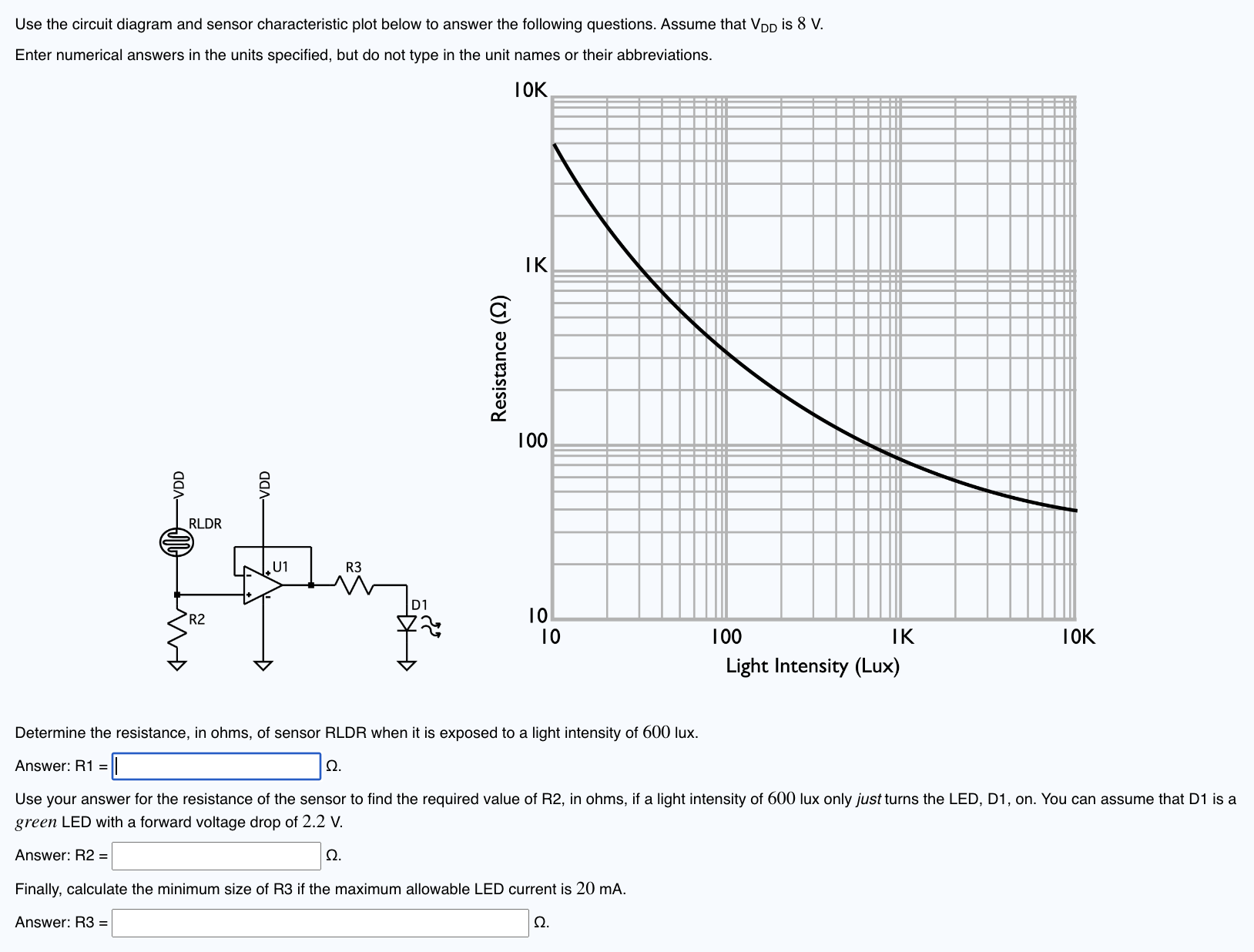 Solved Use the circuit diagram and sensor characteristic | Chegg.com