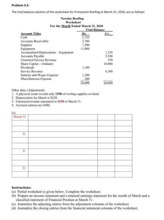 Solved Problem 4.3: The trial balance columns of the | Chegg.com