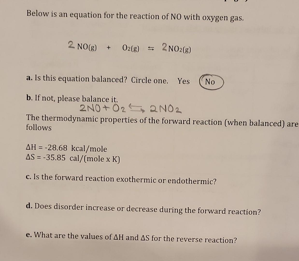 Solved Below is an equation for the reaction of NO with | Chegg.com