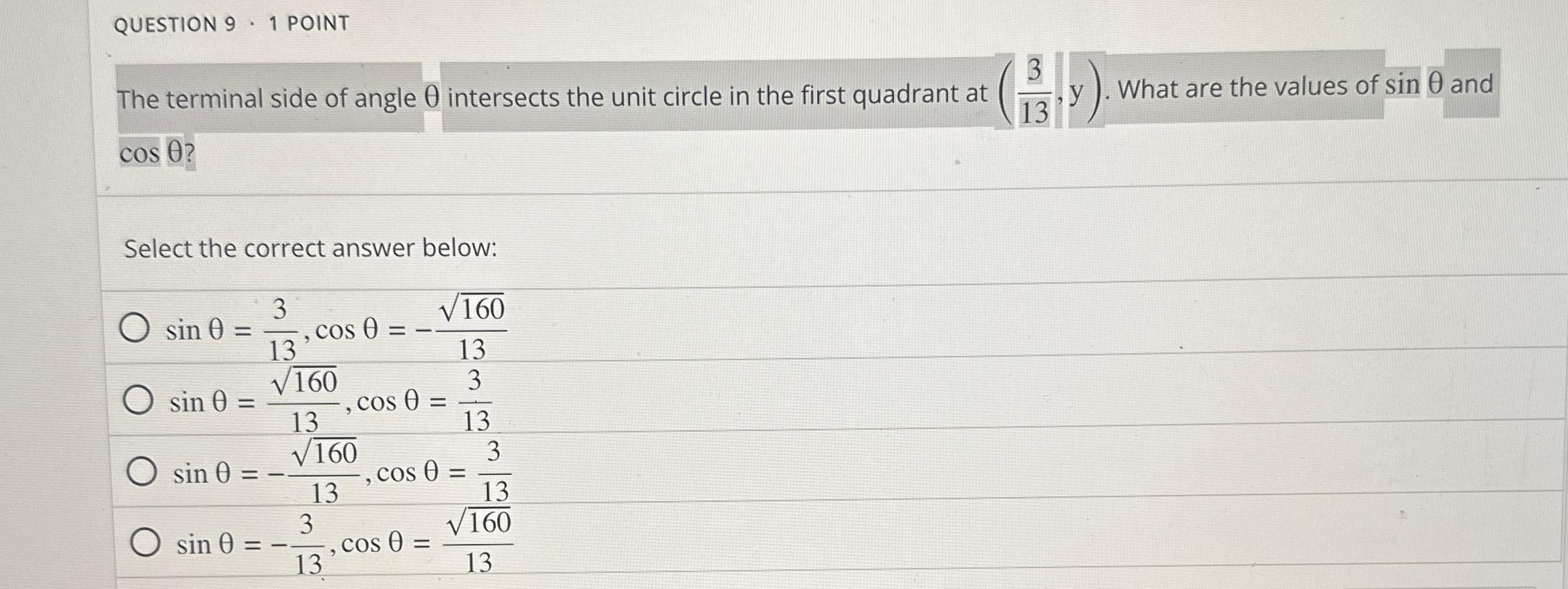 Solved QUESTION 9 - 1 ﻿POINTThe terminal side of angle θ | Chegg.com