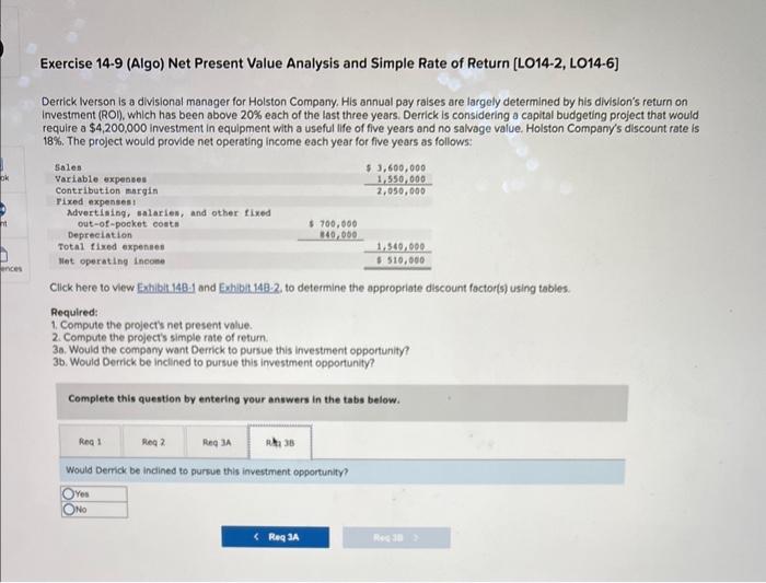 Solved Exercise 14−9 (Algo) Net Present Value Analysis and | Chegg.com