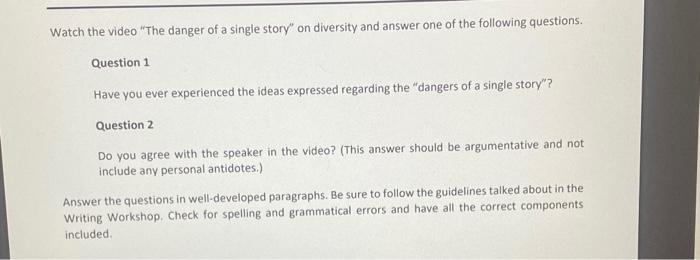 Watch the video "The danger of a single story" on | Chegg.com