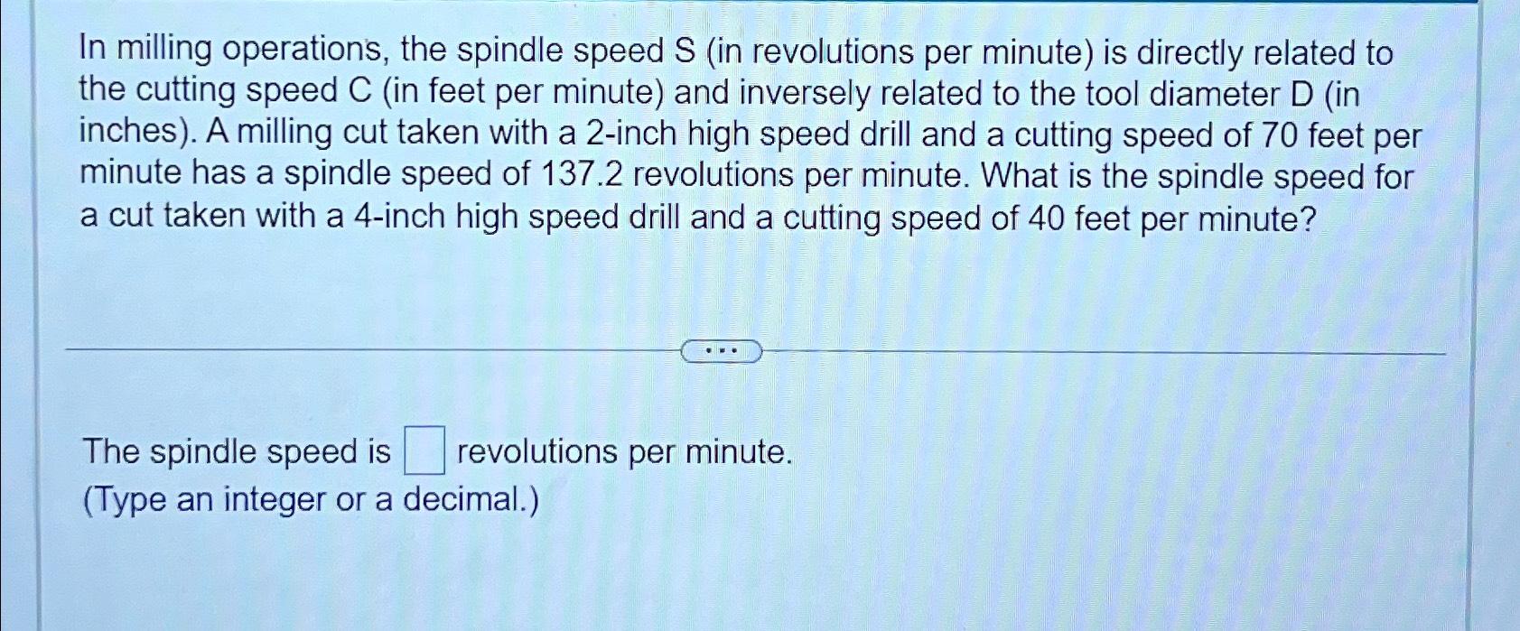 Solved In milling operations, the spindle speed S (in | Chegg.com