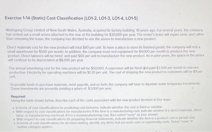 Solved Exercise 1-14 (Static) Cost Classification [LO1-2, | Chegg.com