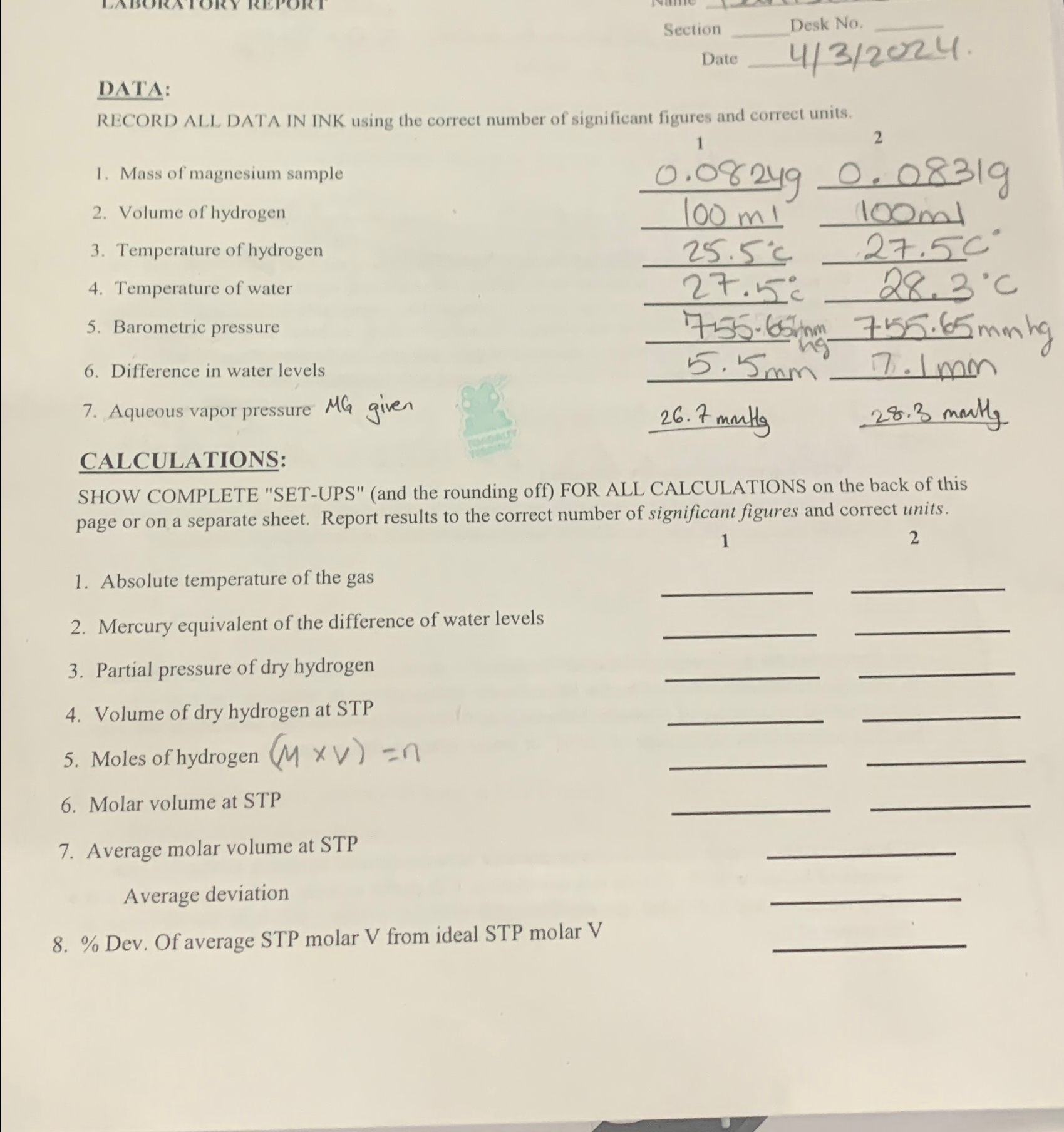 Solved Section q, ﻿Desk No.Date q,DATA:RECORD ALL DATA IN | Chegg.com