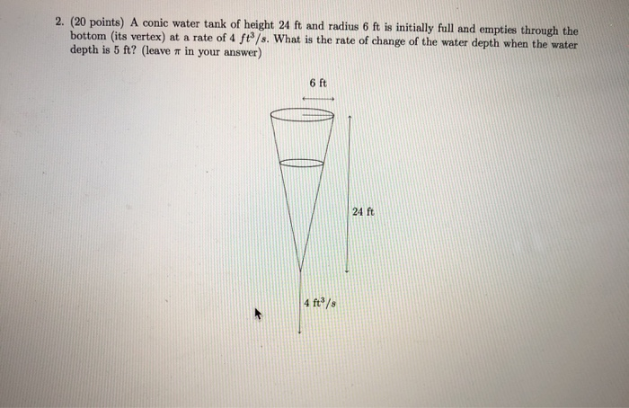 Solved 2. (20 points) A conic water tank of height 24 ft and | Chegg.com