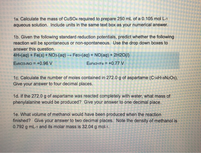 Solved 1a. Calculate the mass of CuSO4 required to prepare | Chegg.com