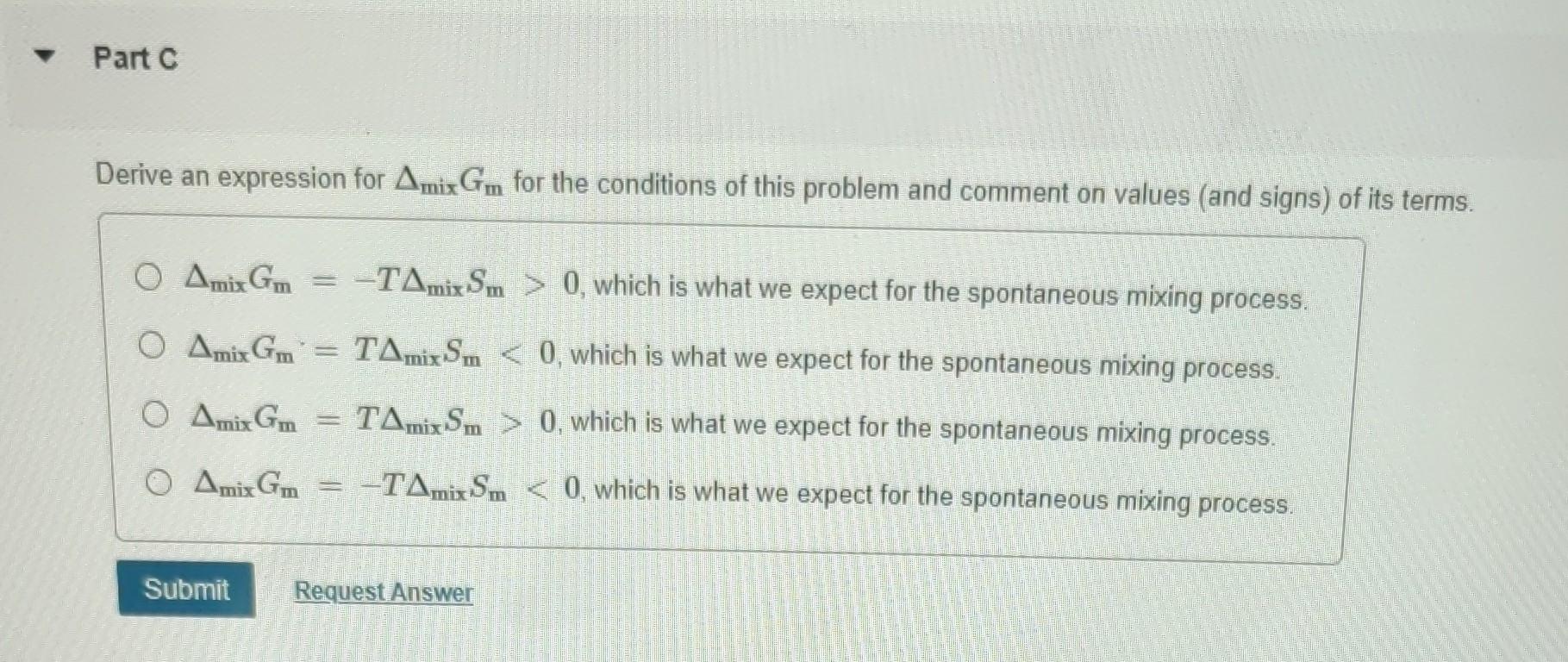Solved Choose the correct entropy change, ΔmixSm, for this | Chegg.com