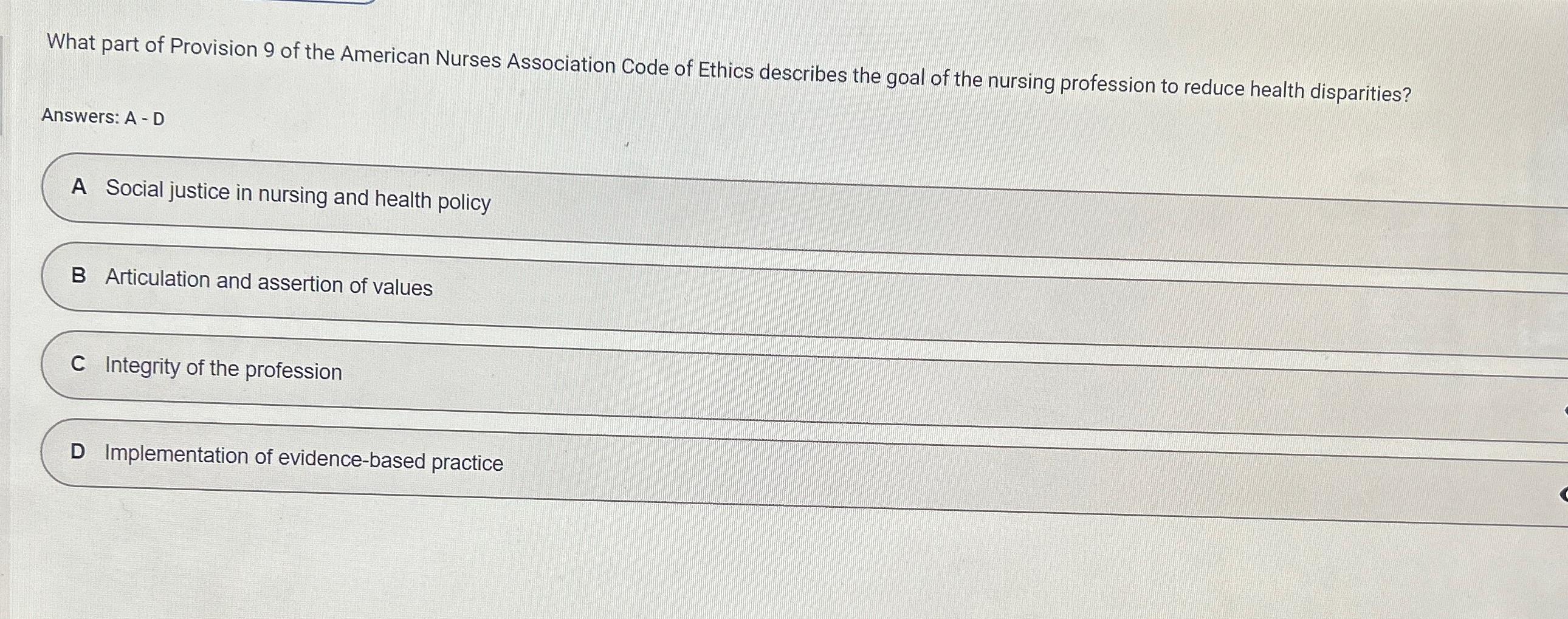Solved What part of Provision 9 ﻿of the American Nurses | Chegg.com