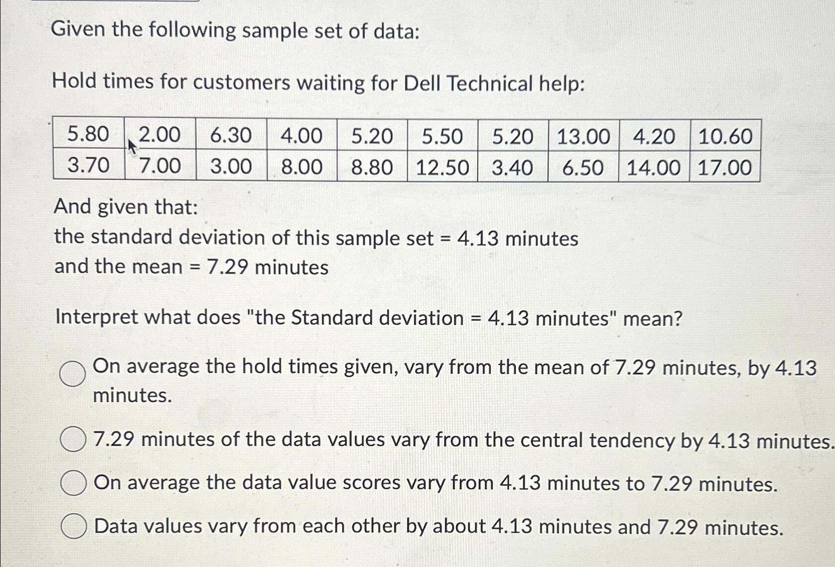 Solved Given the following sample set of data:Hold times for | Chegg.com