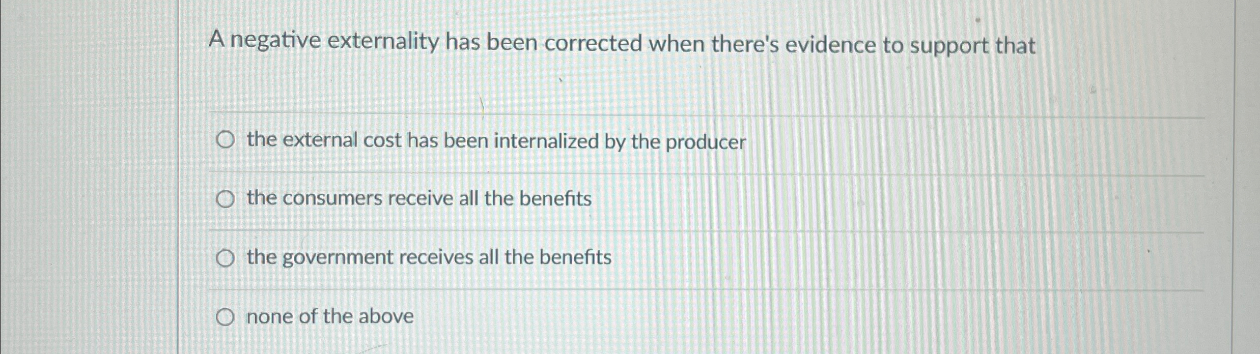 Solved A negative externality has been corrected when | Chegg.com