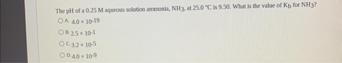 Solved The pH of a 0.25 M aqueous solution ammonia, NH3, at | Chegg.com