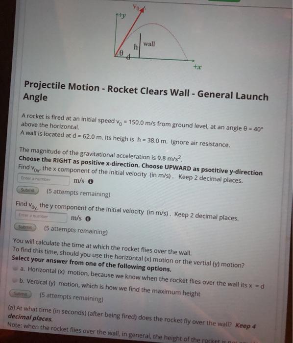 Solved h wall d tx Projectile Motion - Rocket Clears Wall - | Chegg.com