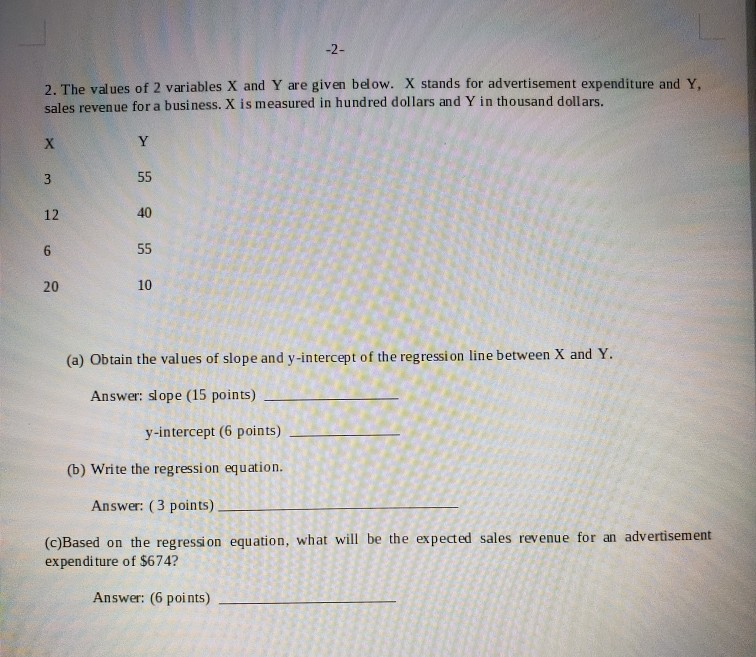 Solved -2- 2. The values of 2 variables X and Y are given | Chegg.com