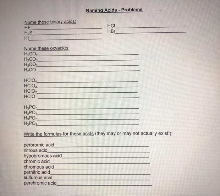 Solved Naming Acids - Problems Name these binary acids: HF | Chegg.com
