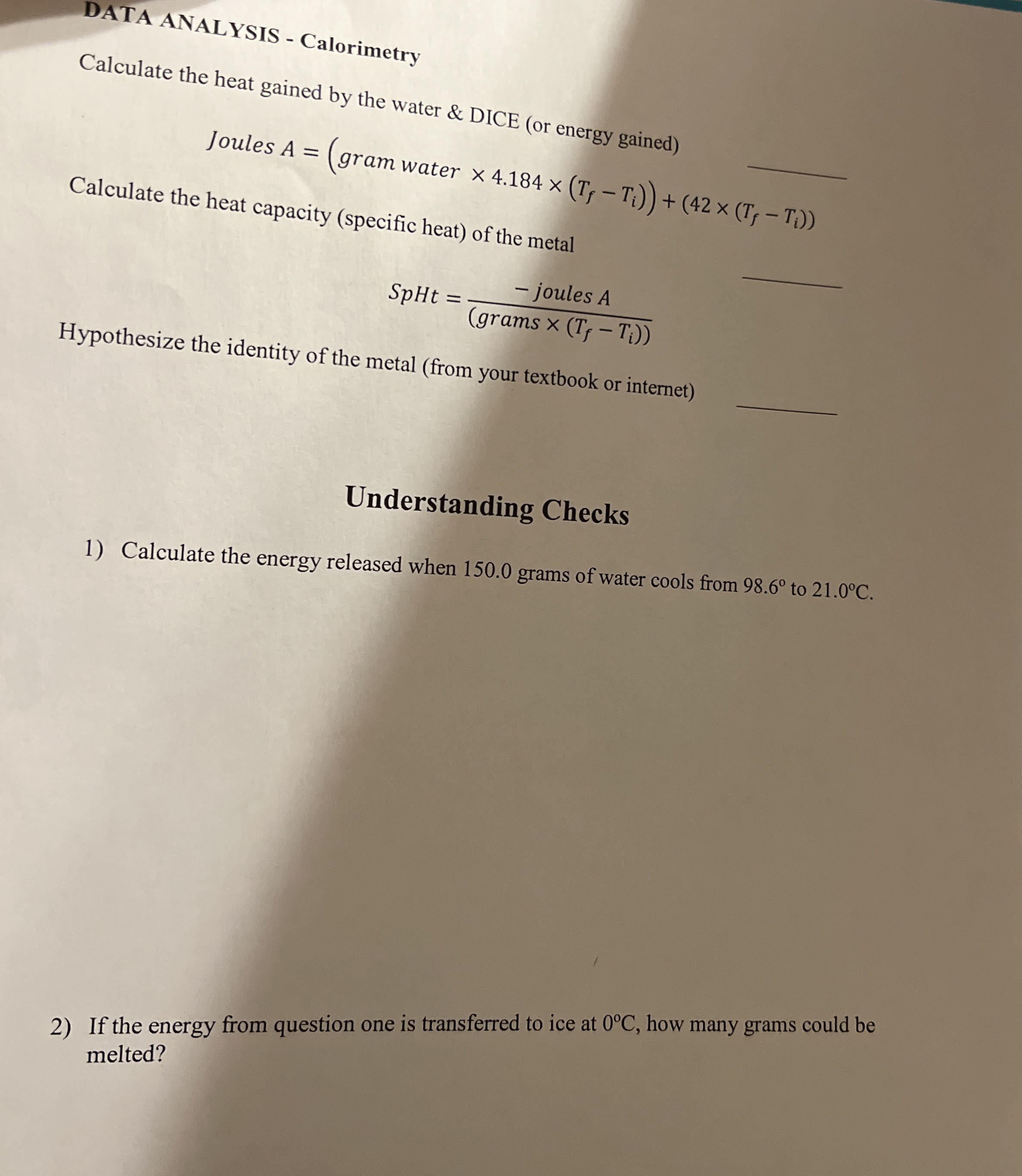 Solved DATA ANALYSIS - ﻿CalorimetryCalculate the heat gained | Chegg.com