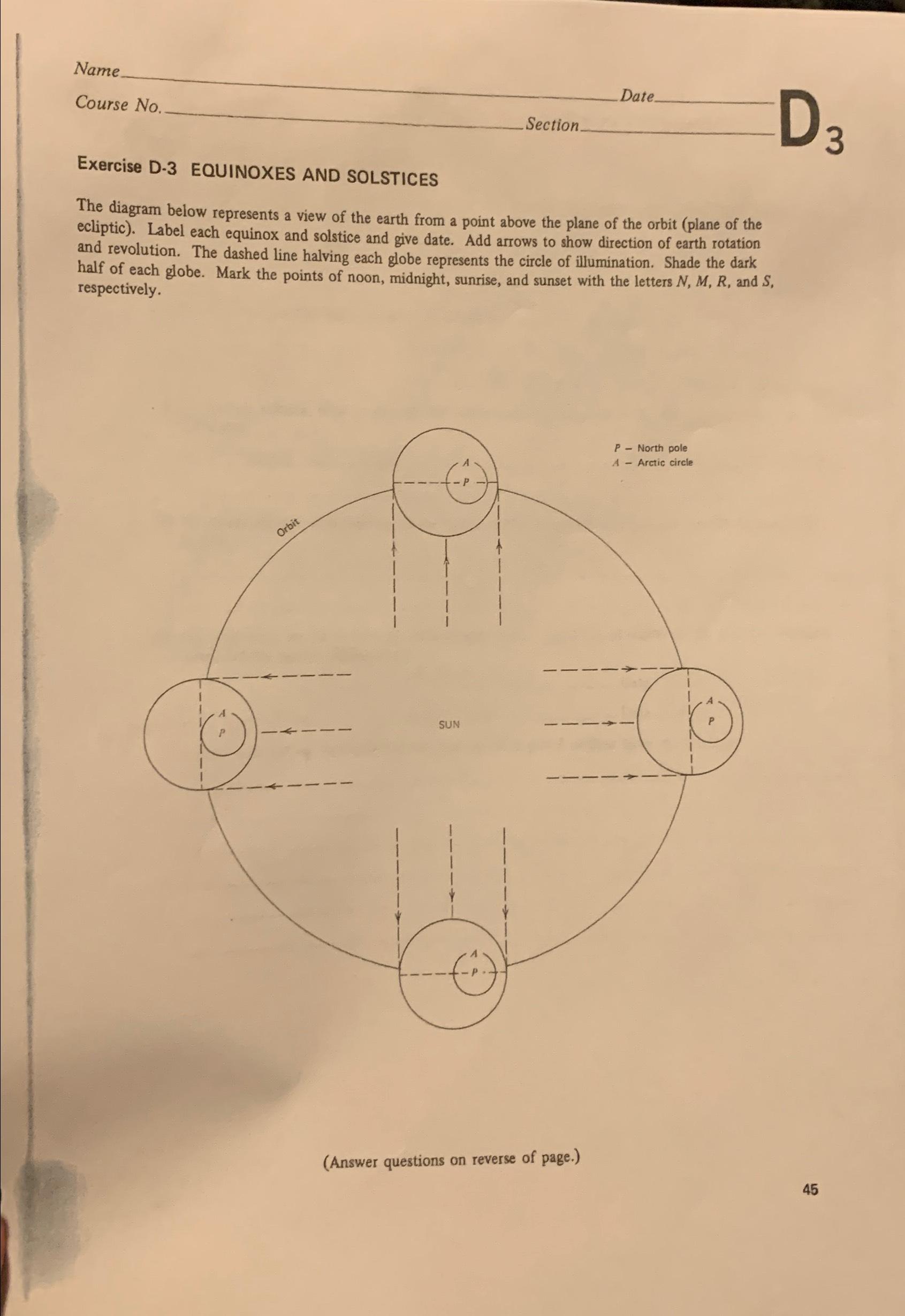 Solved NameCourse No. ﻿Date Section3Exercise D. 3 ﻿EQUINOXES | Chegg.com