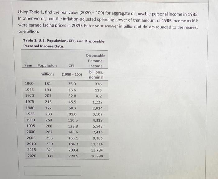 Solved Using Table 1, find the real value (2020 = 100) for | Chegg.com