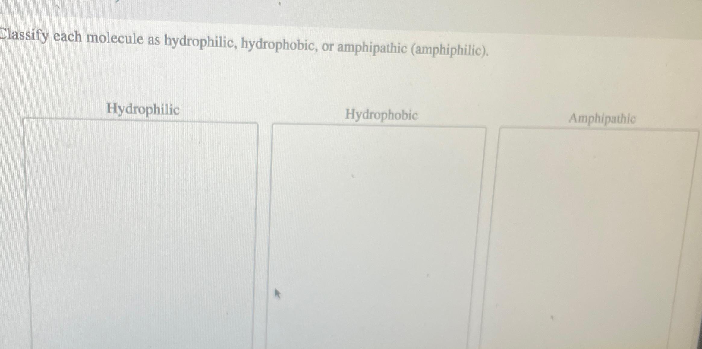 Solved Classify each molecule as hydrophilic, hydrophobic, | Chegg.com