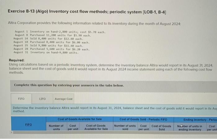 Solved Exercise 8-13 (Algo) inventory cost flow methods; | Chegg.com