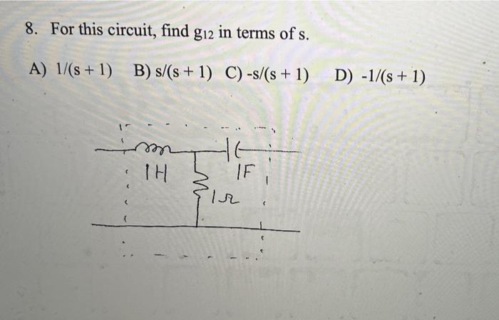 Solved 8. For this circuit, find g12 in terms of s. A) 1/(s | Chegg.com
