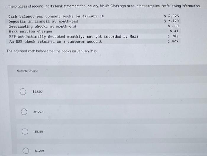 Solved In the process of reconciling its bank statement for | Chegg.com